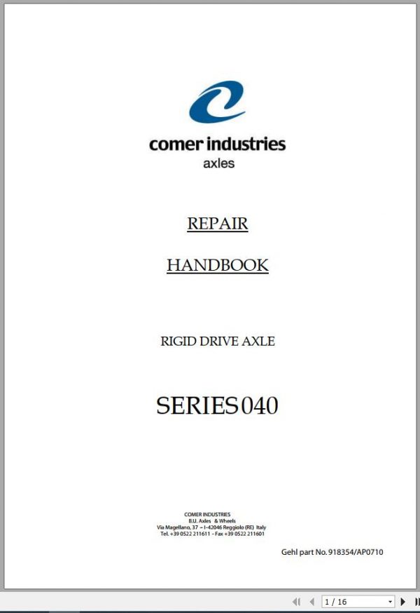 Gehl Comer Series 040 Rigid Drive Axle Repair HandBook 918354