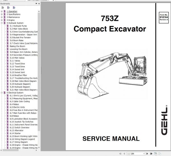 Gehl Compact Excavator 753Z Service Manual 918164 2005