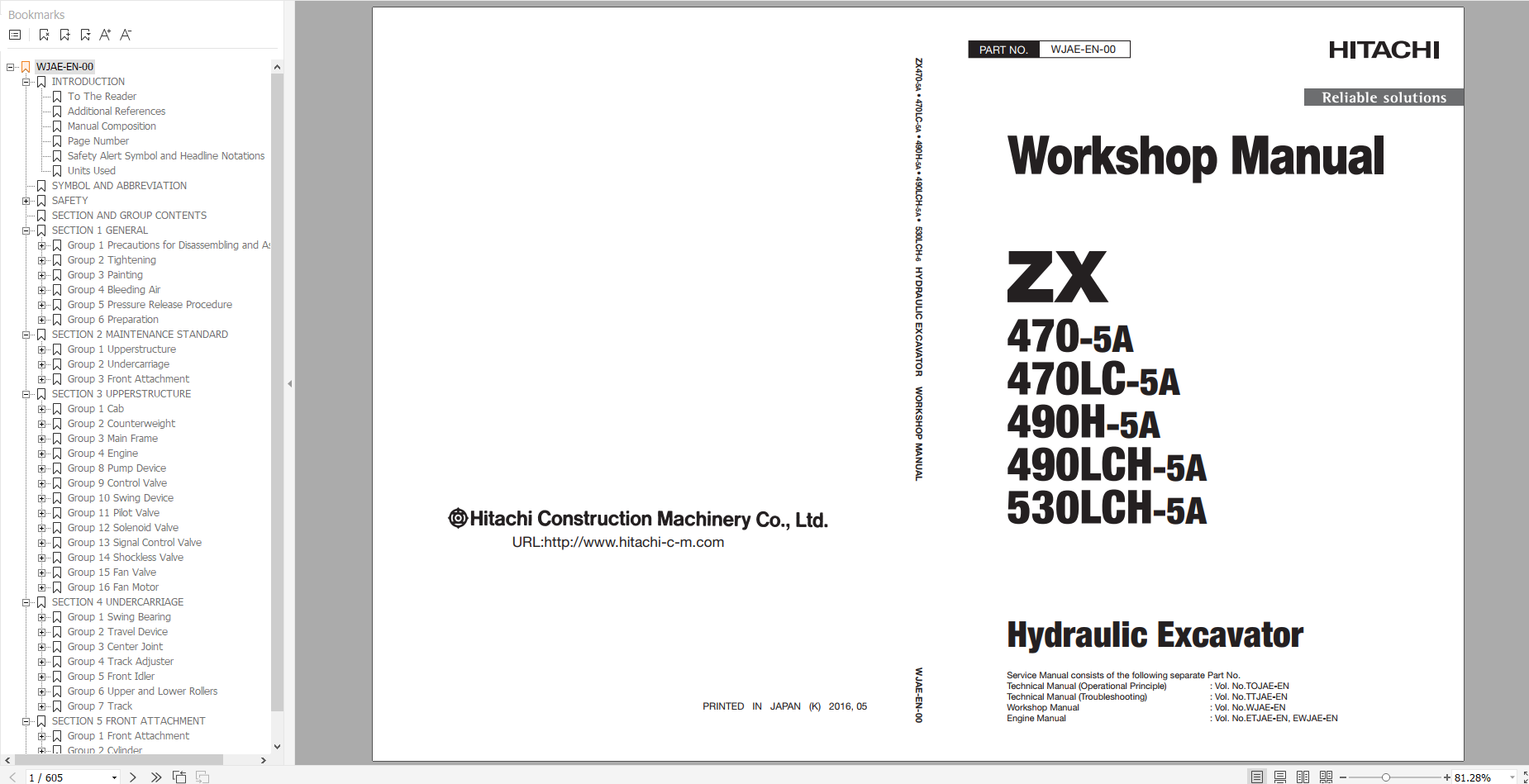 Hitachi Hydraulic Excavator ZX Series 2022 Technical Manual Part ...