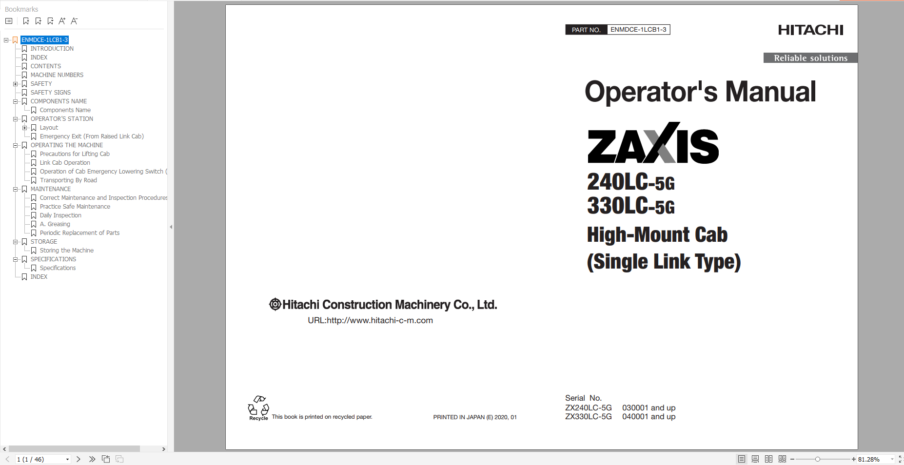 Hitachi Hydraulic Excavator ZX Series 2022 Technical Manual Part ...