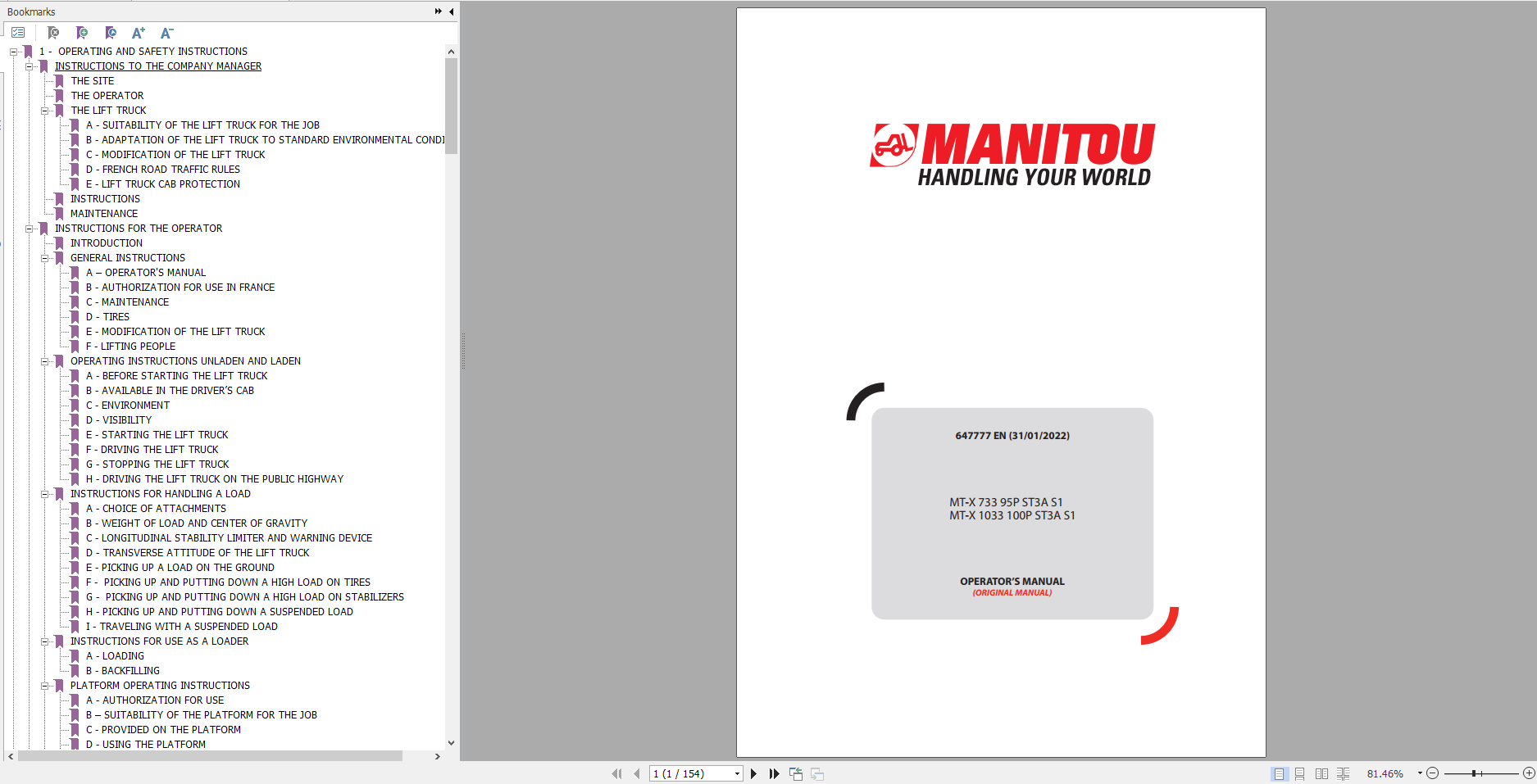 Manitou Telehandler MT-X 733 Repair Manual Operator Manual and Part Manual