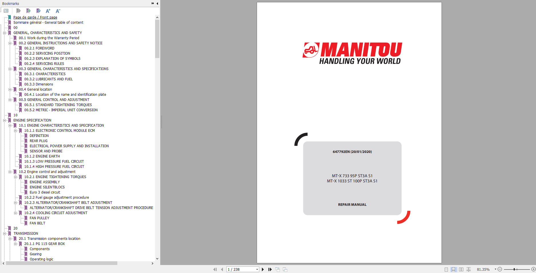 Manitou Telehandler MT-X 733 Repair Manual Operator Manual and Part Manual