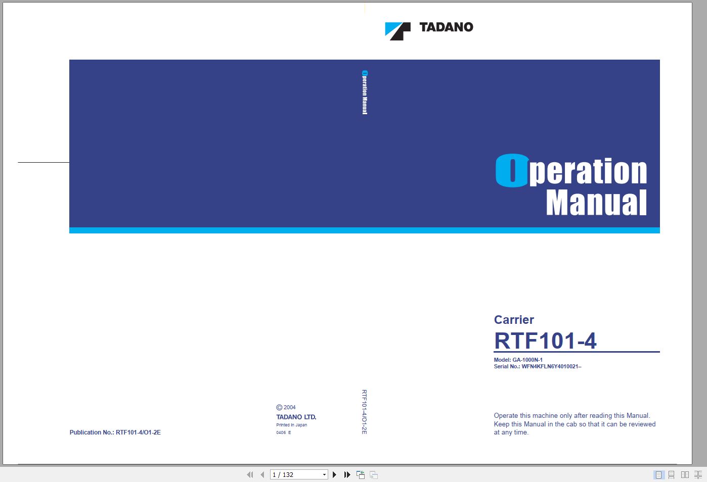Tadano All Terrain Crane GA-1000N-1 WFN4KFLN6Y4010021 Operation Manual ...