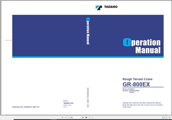 Tadano Rough Terrain Crane GR-800EX-2 547948-549999 Operation Manual ...