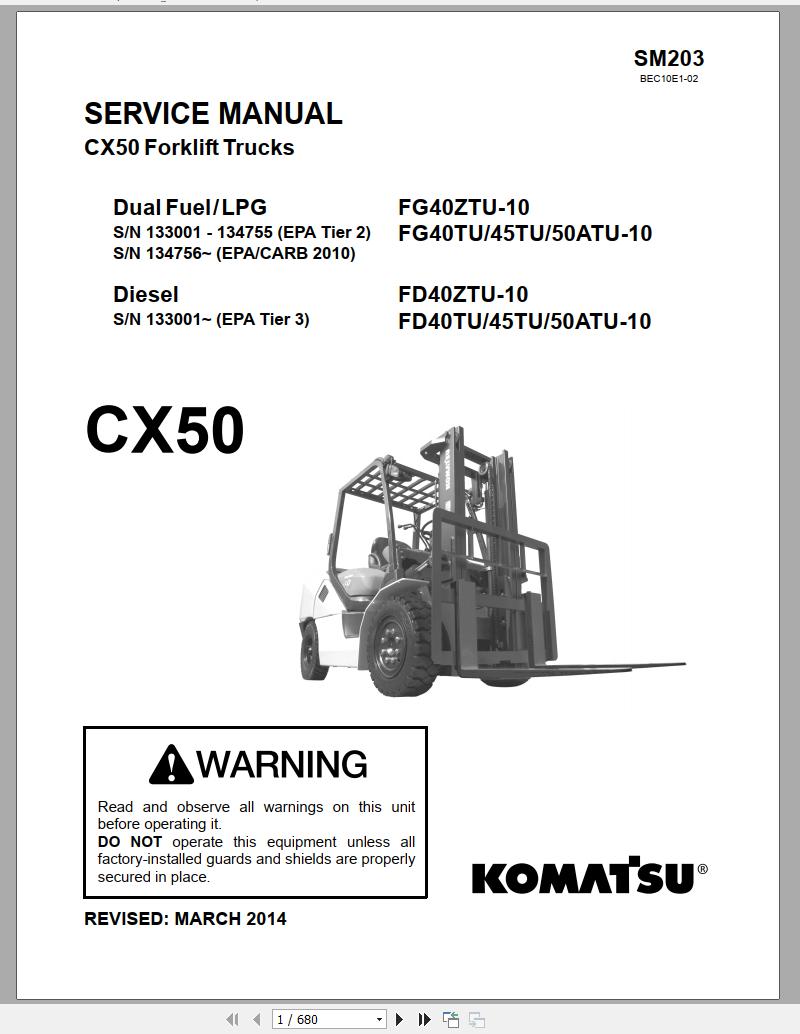 Komatsu Forklift Truck FG45TU-10 CX50 Series 133001 134755 Service ...