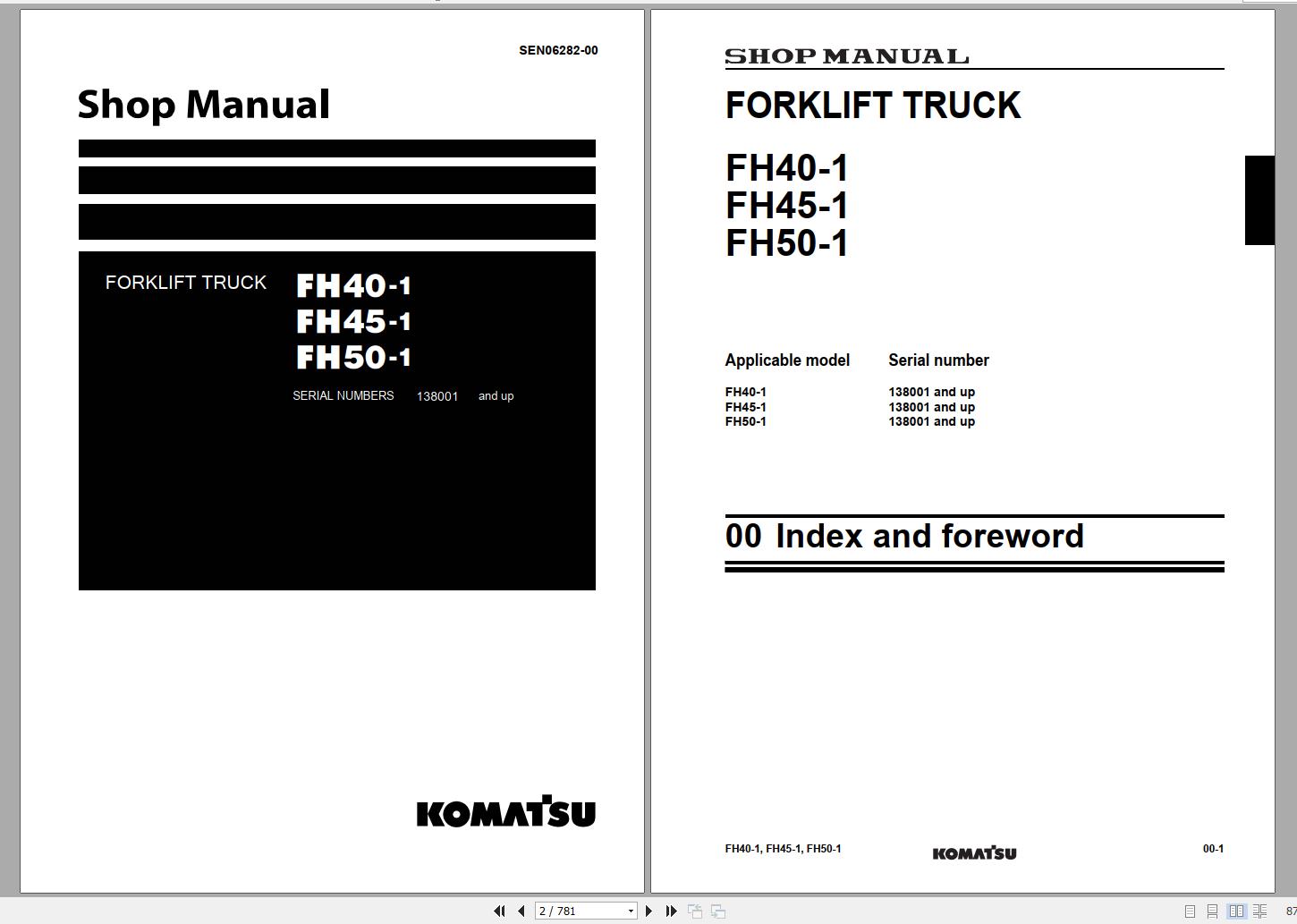Komatsu Forklift Truck FH40-1 FH45-1 FH50-1 138001 & up Shop Manual SEN06282-00