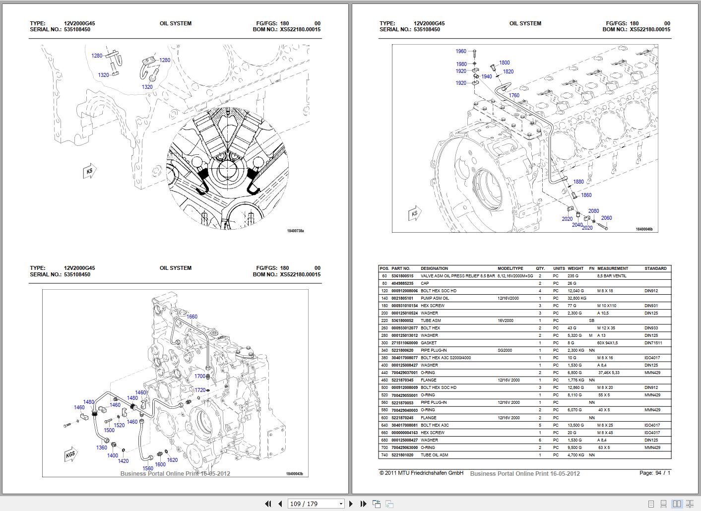 MTU Diesel Engine 12V 2000 G45 Parts Manual 535108450 2012
