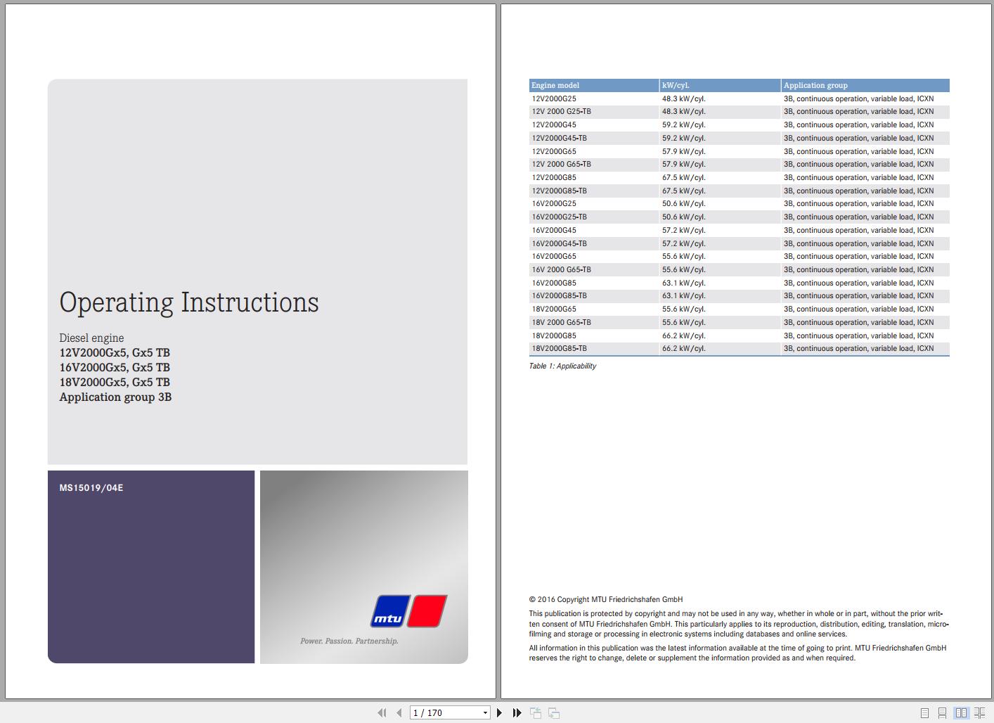 MTU Diesel Engine 16V 2000 G65-TB Operating Instructions MS15019 04E 2016
