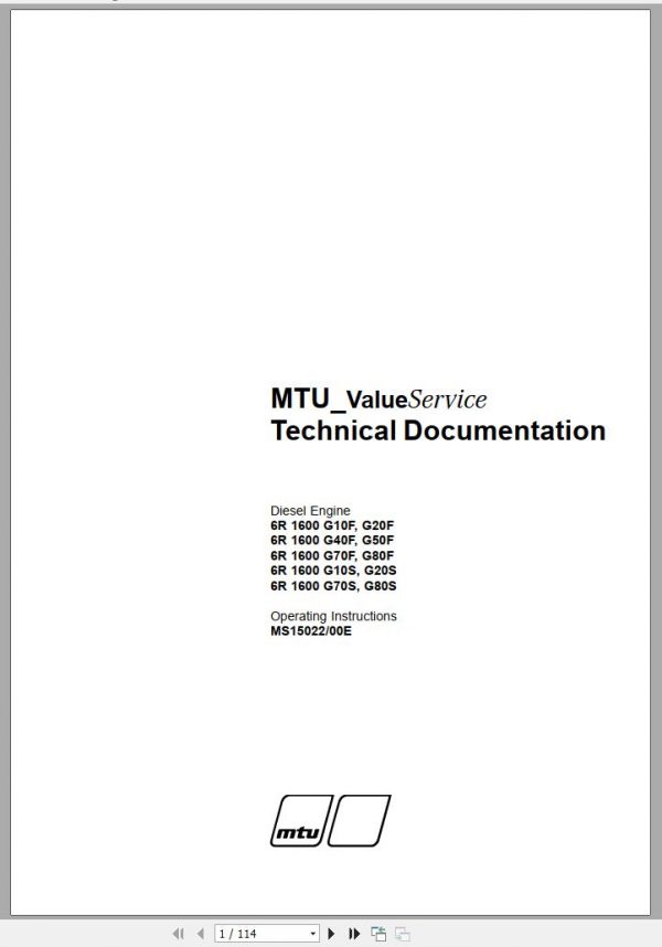 MTU Diesel Engine 6R 1600 G70S Operating Instructions MS15022 00E 2010