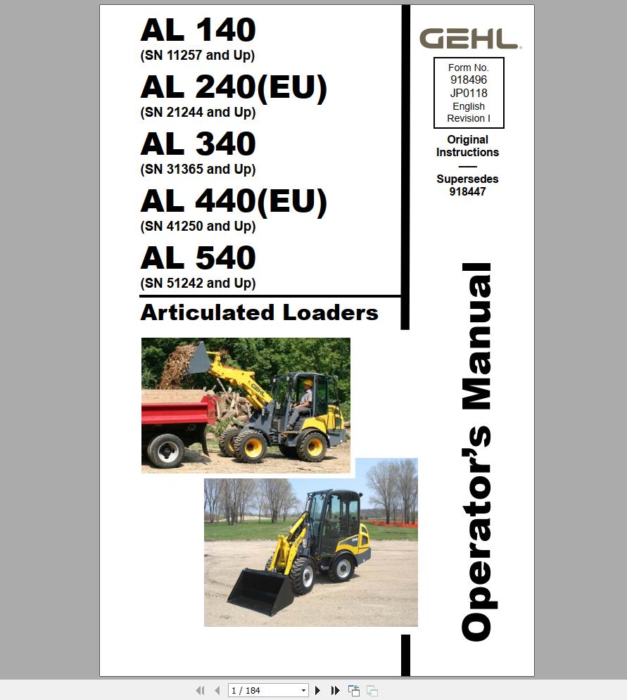 Gehl Articulated Loader AL140 AL240(EU) AL340 AL440(EU) AL540 Operator ...