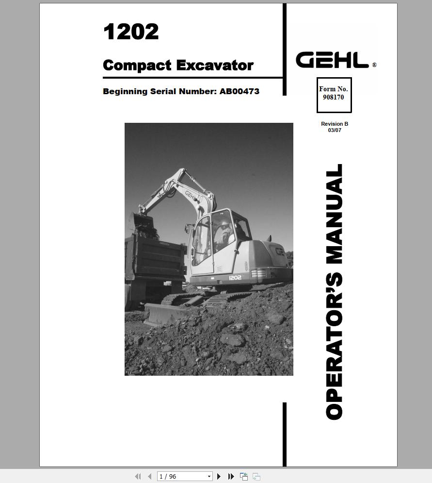 Gehl Crawler Excavator GE1202 Operator's Manual 908170 03.2007