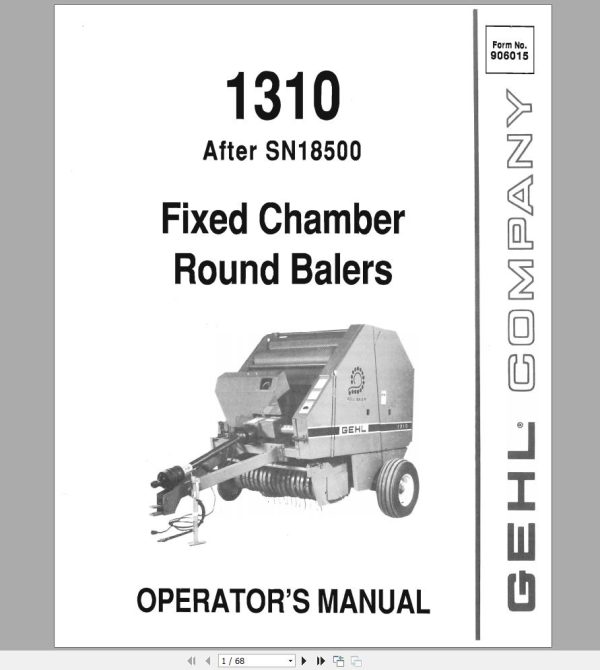 Gehl Fixed Chamber Round Baler RB1310 Operator's Manual 906015A