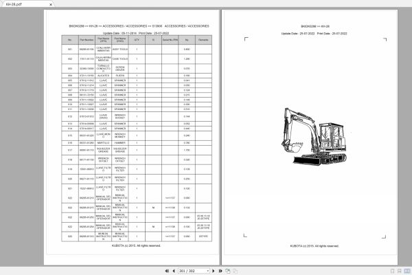 KUBOTA KH 28 EXCAVATOR PART'S MANUAL
