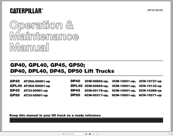 CAT Forklift DP50 Service, Operation & Maintenance Manual