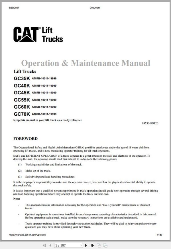 CAT Forklift GC45K Schematic, Service, Operation & Maintenance Manual