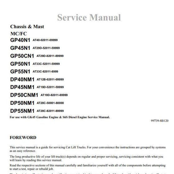CAT Forklift GP45 Service, Operation & Maintenance Manual