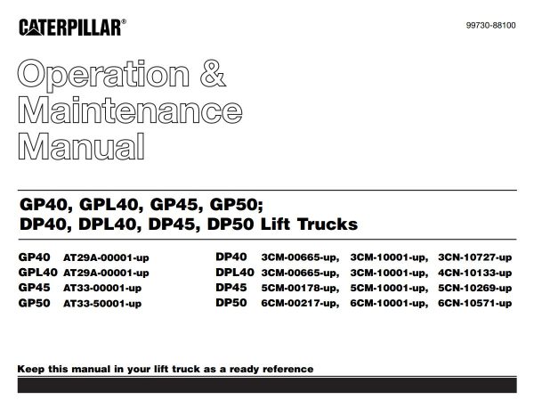 CAT Forklift GP45 Service, Operation & Maintenance Manual