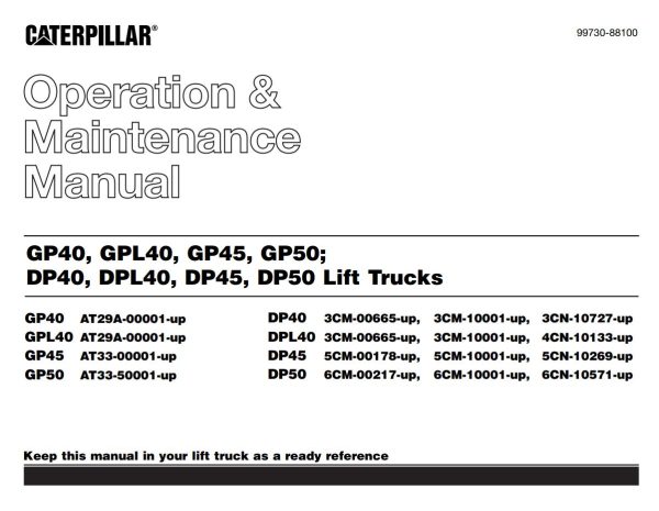 CAT Forklift GP50 Service, Operation & Maintenance Manual