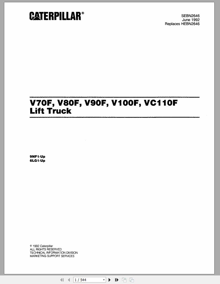 CAT Forklift V70F V80F V90F VC110F Spare Parts Manual