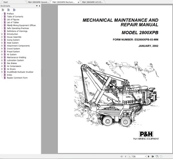 P&H Shovel 2800XPB Operator Manual, Maintenance Manual and Repair Manual