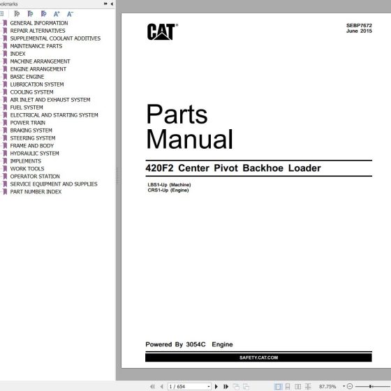 CAT Backhoe Loader 430E Center Pivot Parts Manual SEBP3708-25 2009