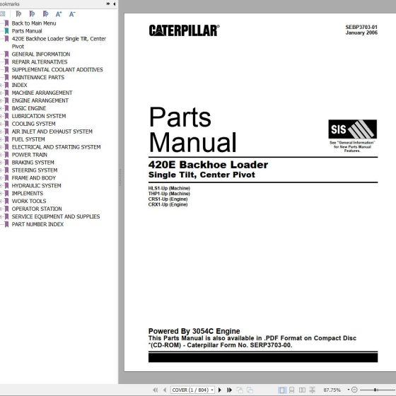 CAT Backhoe Loader 430E Center Pivot Parts Manual SEBP3708-25 2009
