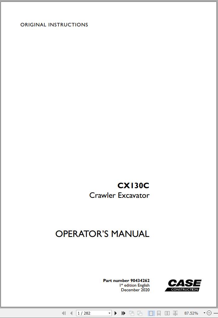 Case Crawler Excavator CX130C Operators Manual 12.2020