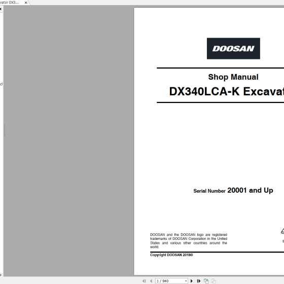 Doosan Excavator DX340LCA DX360LCA Shop Manual 5001 and up 2017
