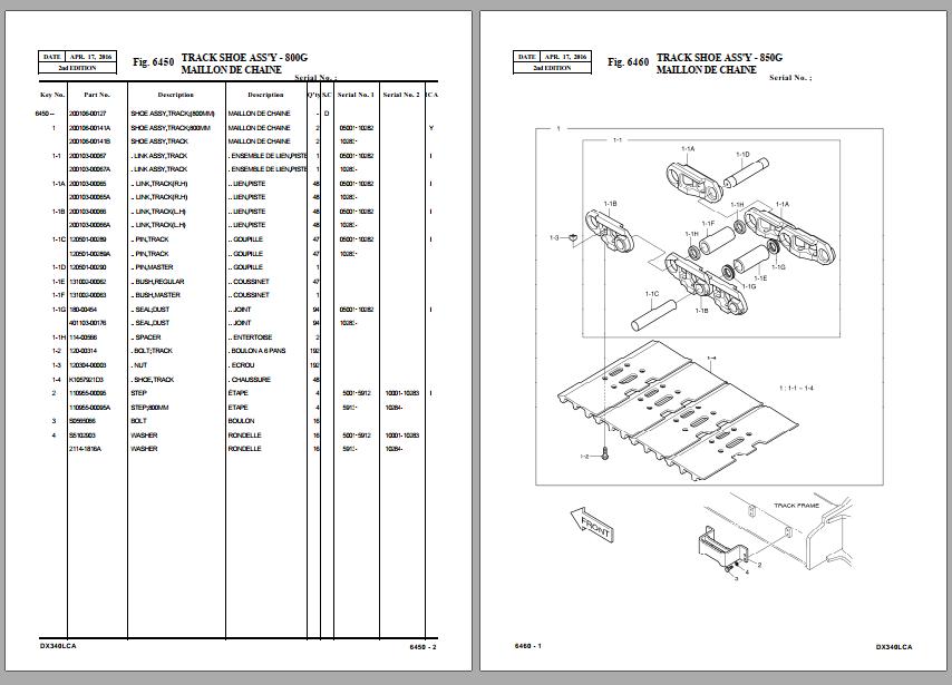 Doosan Excavator DX340LCA Parts List 950106-00266AEF 05.2016