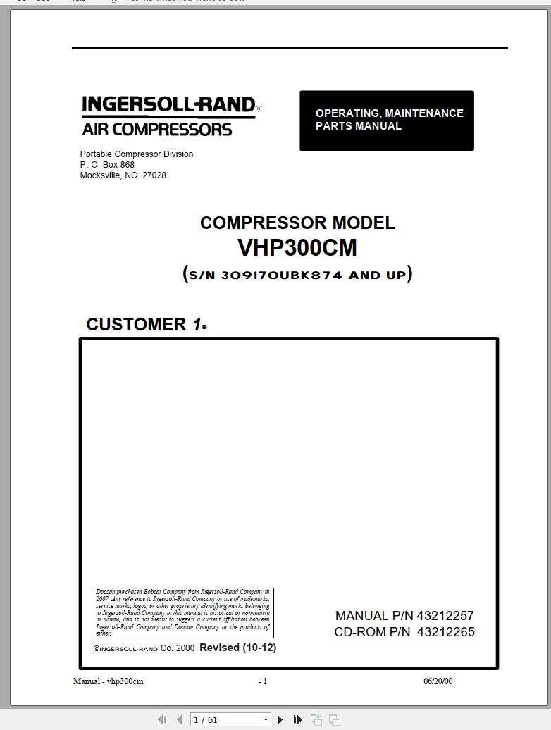 Ingersoll Rand Compressor Module VHP300CM Parts Manual, Operating and ...