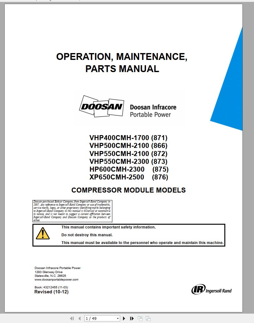 Ingersoll Rand Compressor Module VHP550CMH Parts Manual, Operating and ...