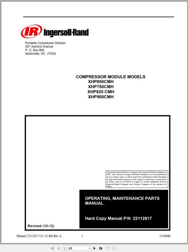 Ingersoll Rand Compressor Module XHP750CMH Parts Manual, Operating and ...