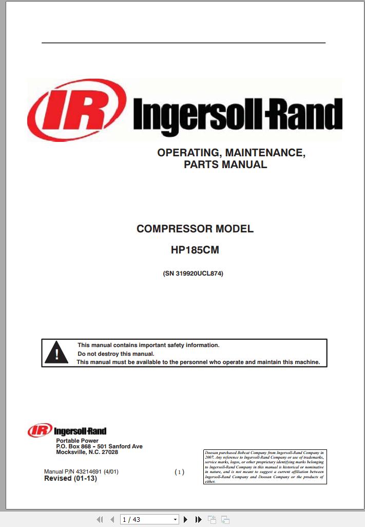 Ingersoll Rand Compressor Modules HP185CM Parts Manual, Operation and ...