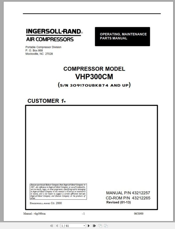 Ingersoll Rand Compressor Modules VHP300CM Part Manual, Operation and Maintenance Manual 2013