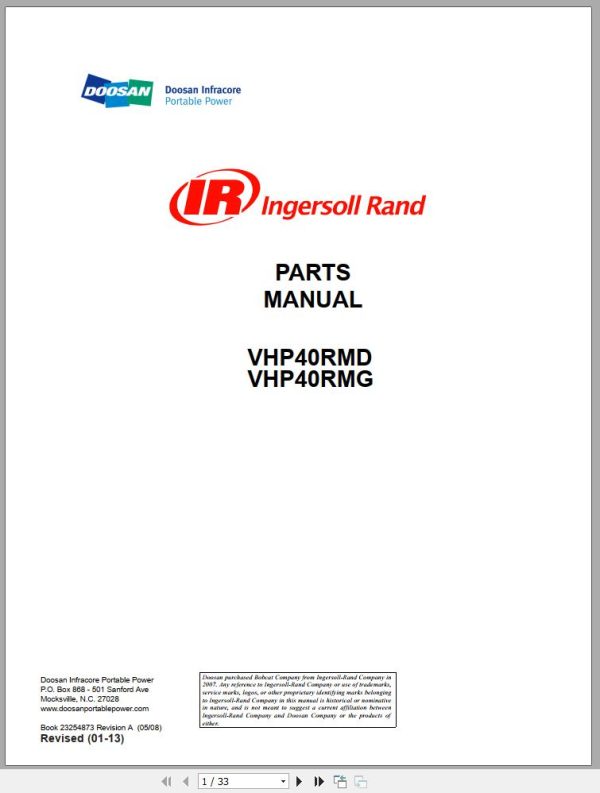 Ingersoll Rand Compressor Modules VHP40RMG Part Manual, Operation and ...
