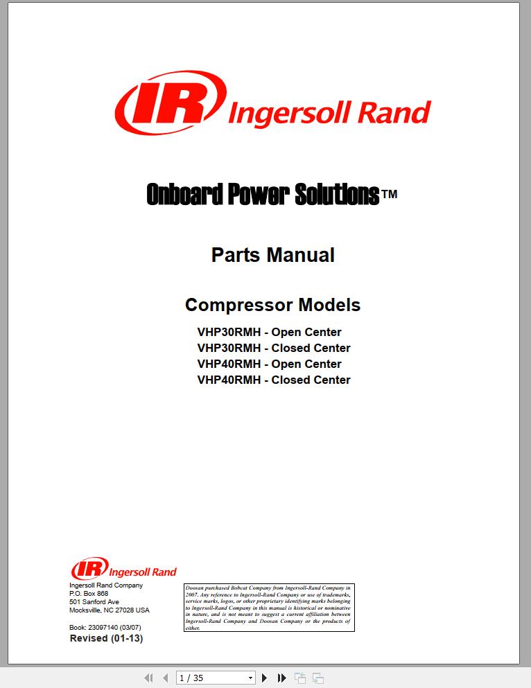 Ingersoll Rand Compressor Modules VHP40RMH Part Manual, Operation and ...