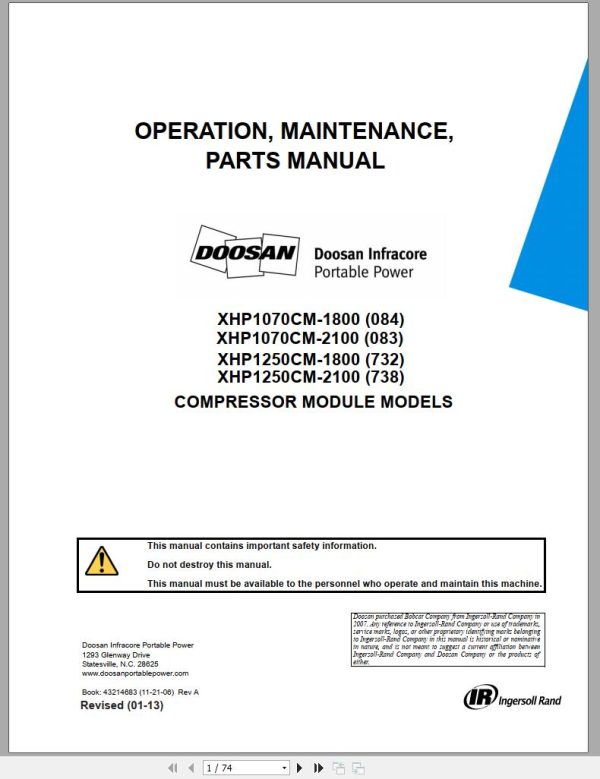 Ingersoll Rand Compressor Modules XHP1250CM Part Manual, Operation and Maintenance Manual 2013