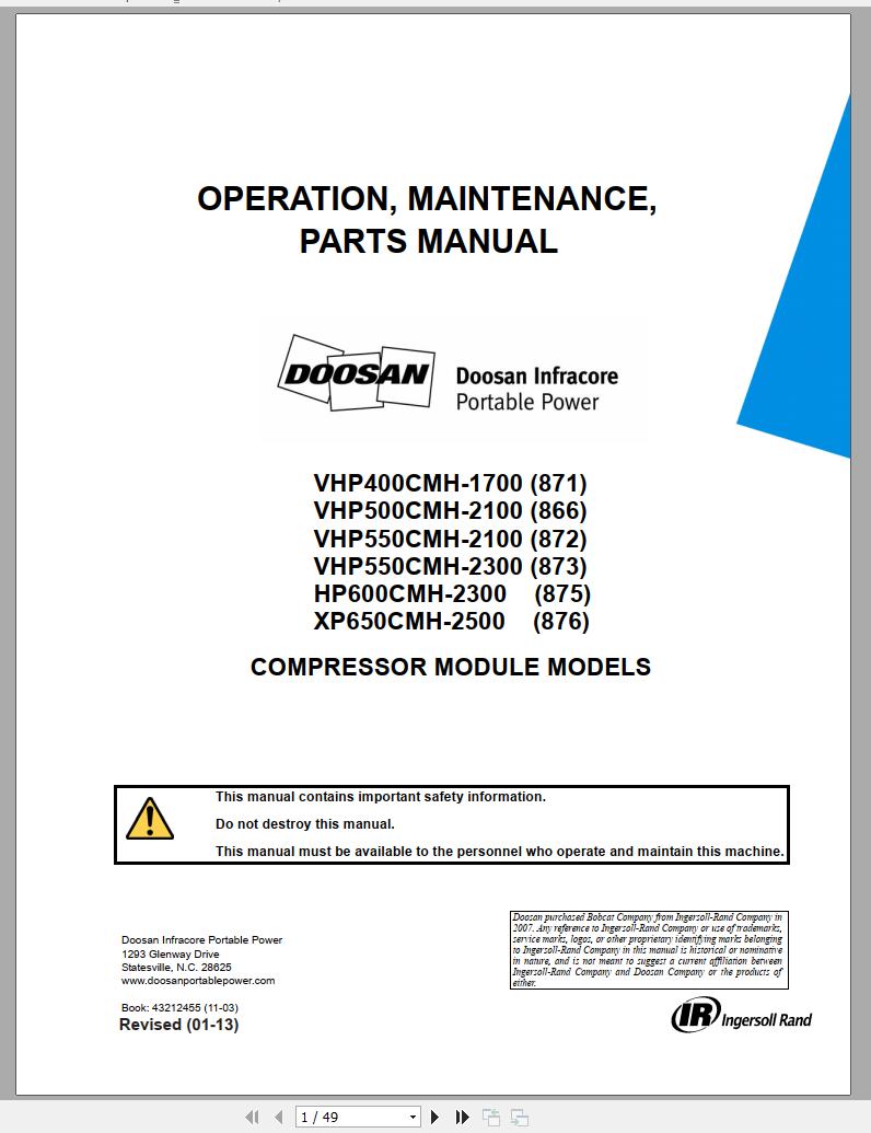 Ingersoll Rand Compressor Modules XP650CMH Part Manual, Operation and ...