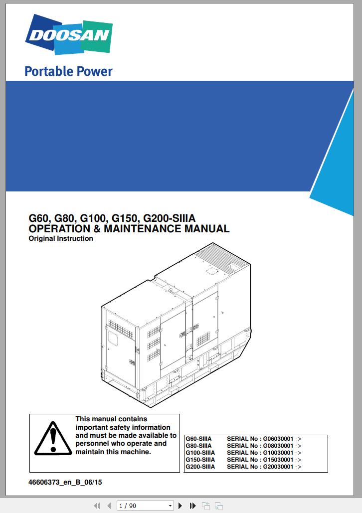 Ingersoll Rand Generator G100 SIIIA Operation and Maintenance Manual 2015