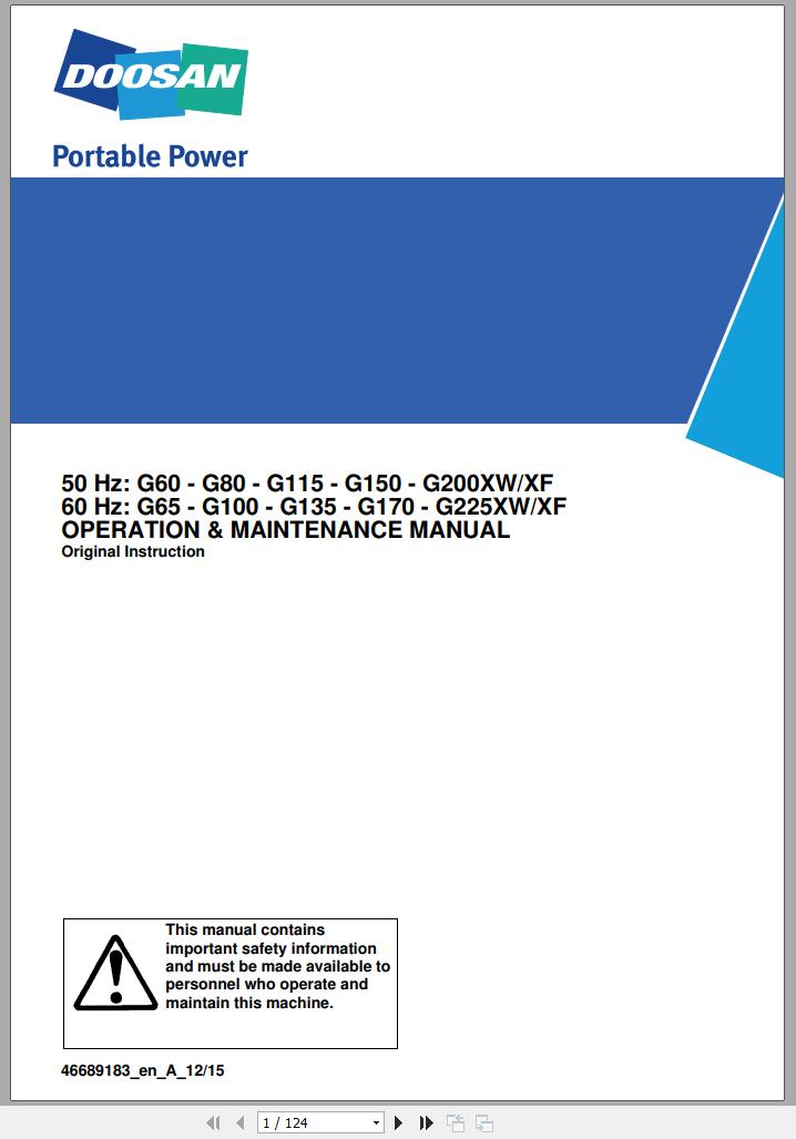 Ingersoll Rand Generator G100 XW XF Operation and Maintenance Manual 2019