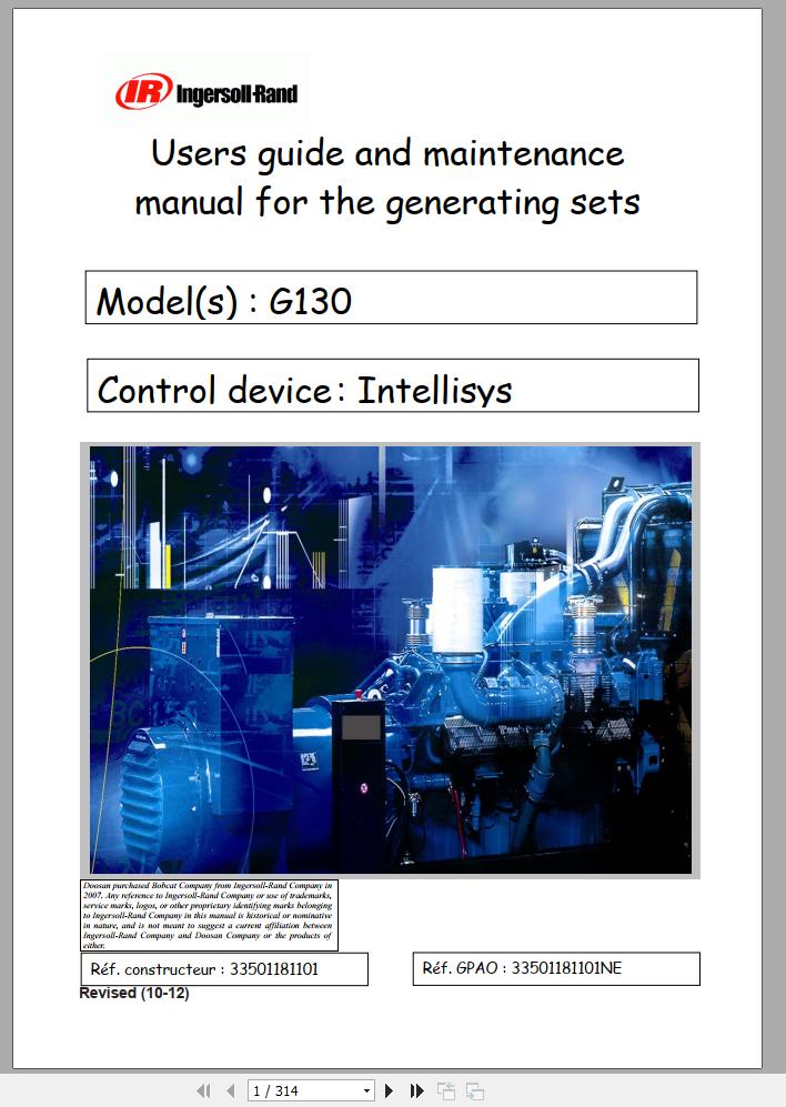 Ingersoll Rand Generator G130 Users Guide and Maintenance Manual 2012