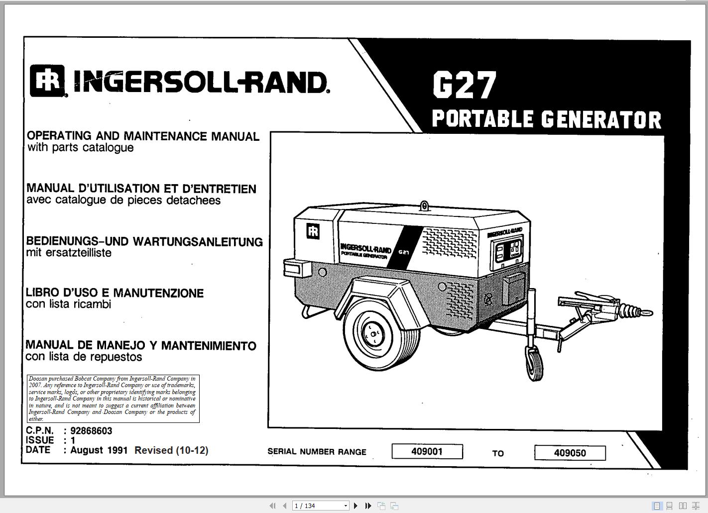 Ingersoll Rand Generator G27 Operating and Maintenance Manual 2012