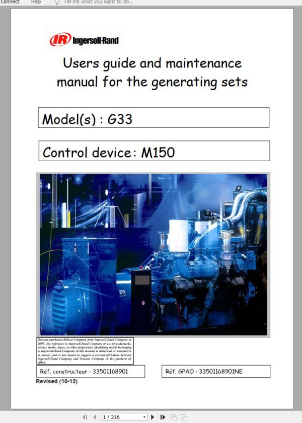 Ingersoll Rand Generator G33 Users Guide and Maintenance Manual 2012