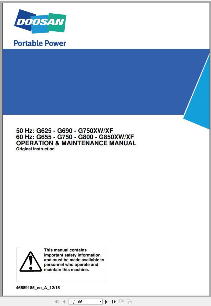 Ingersoll Rand Generator G625 XW XF Operation and Maintenance Manual 2015