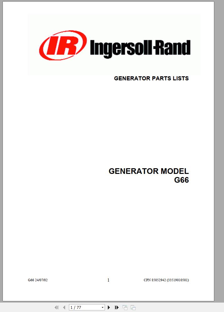 Ingersoll Rand Generator G66 Parts Manual 2013