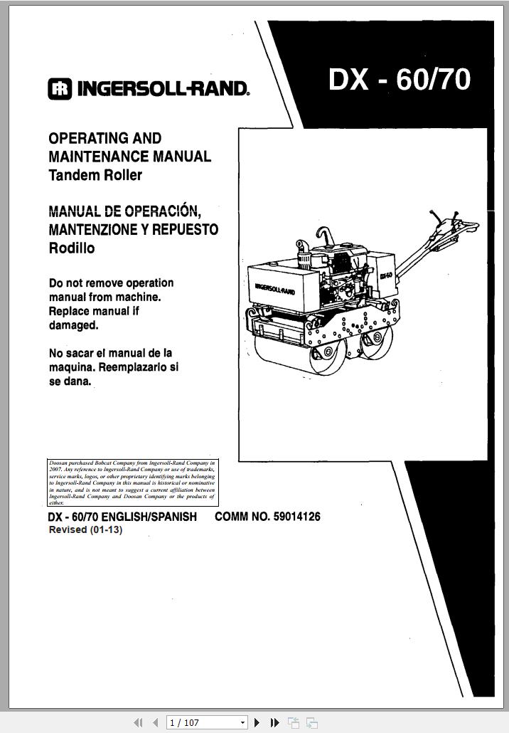 Ingersoll Rand Light Compaction DX-60 Parts Manual, Operating and Maintenance Manual 2013
