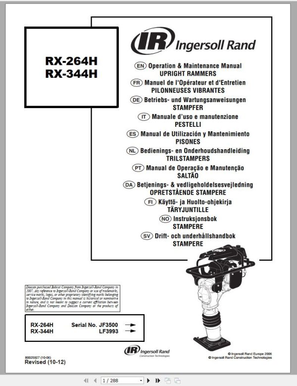 Ingersoll Rand Light Compaction RX-264H Operating & Maintenance Manual 2012