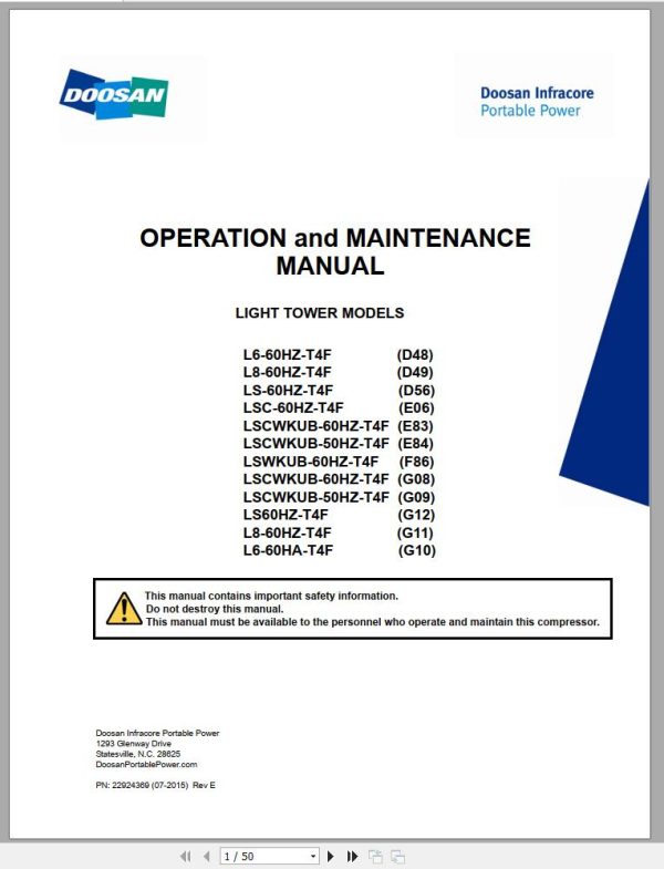 Ingersoll Rand Light Tower L8 Operation and Maintenance Manual 2015