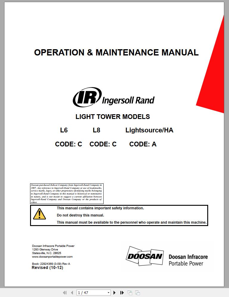 Ingersoll Rand Light Tower L8 Operation and Maintenance Manual 2015