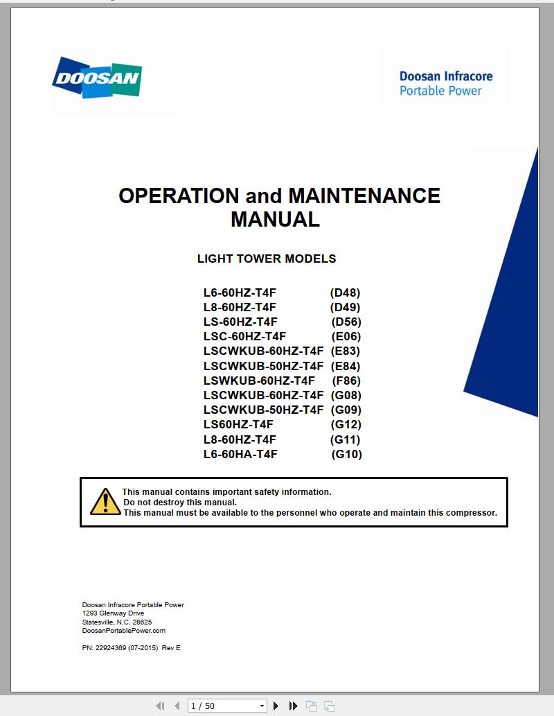 Ingersoll Rand Light Tower LSC Operation and Maintenance Manual 2015